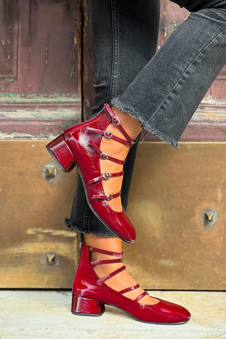 Multi Straps Buckles Solid Color Red Chunky Heels [Pre Order] – uniydress