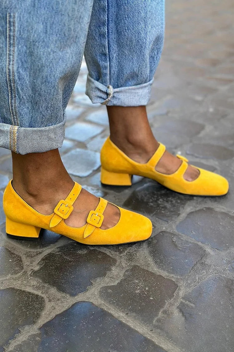 Square Toe Two Straps Buckles Yellow Low Heels [Pre Order] – uniydress