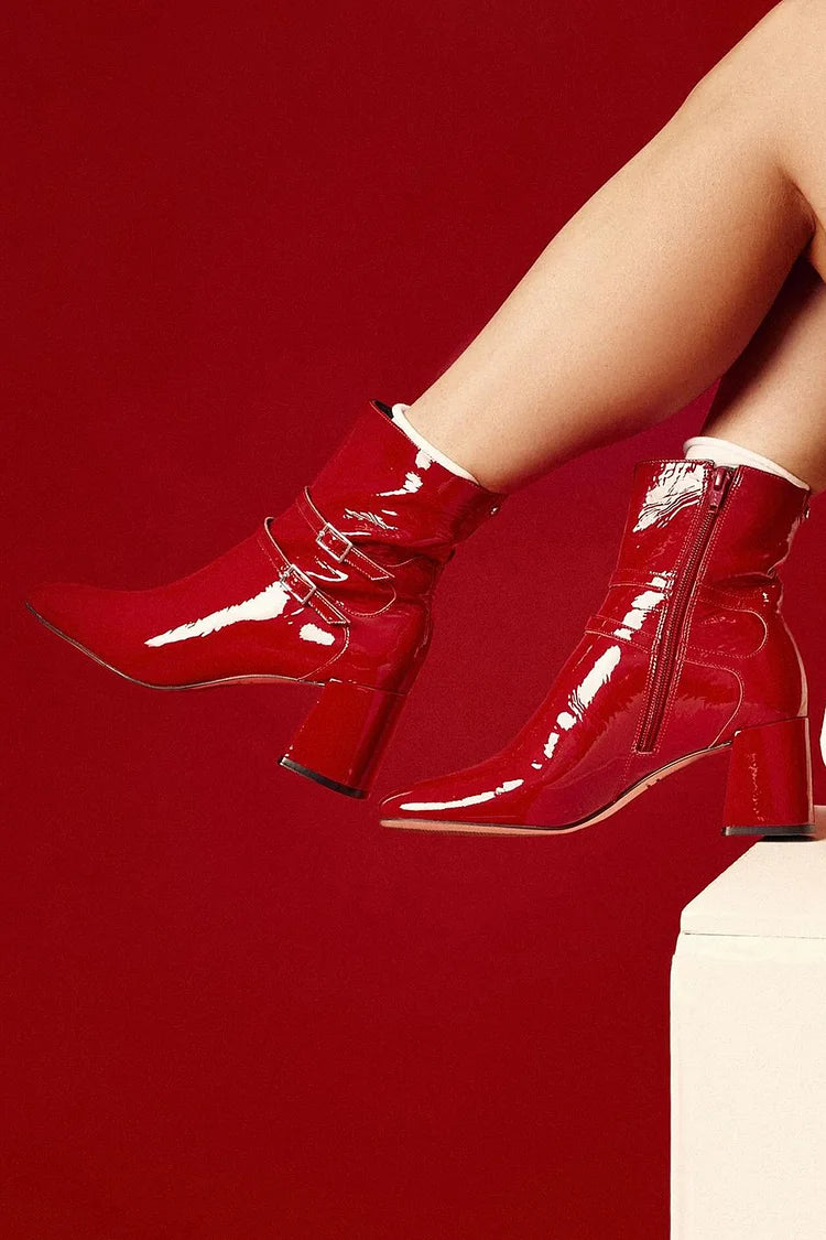 Two Straps Buckles Solid Color Red Chunky Heels Boots [Pre Order ...