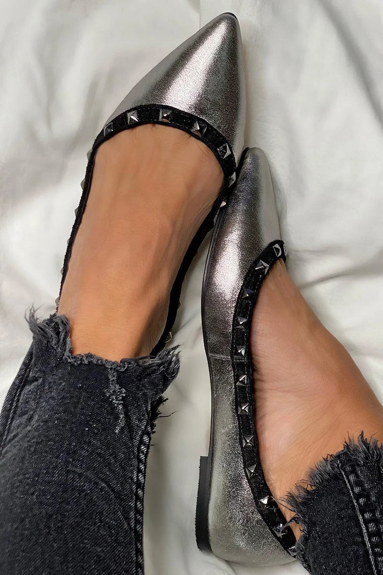 Metal Rivets Decor Pointed Toe Metallic Sheen Silver Flats [Pre Order ...