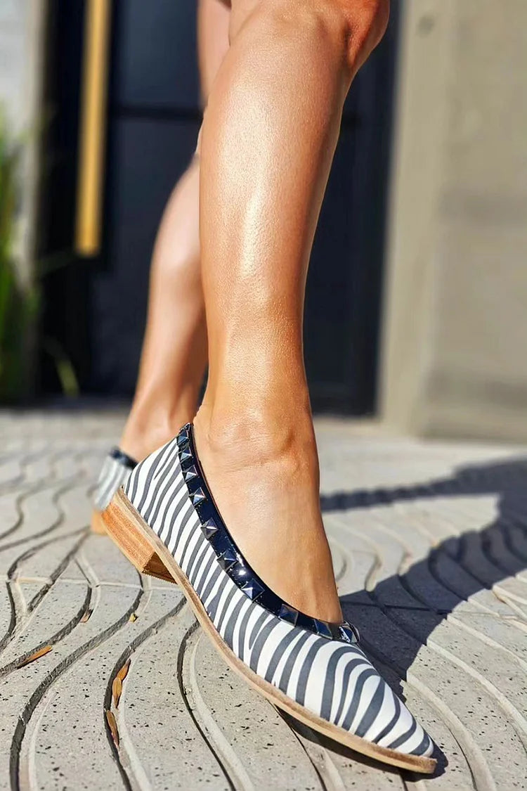 Zebra Print Metallic Rivets Toe Pointed White Flats [Pre Order] – uniydress