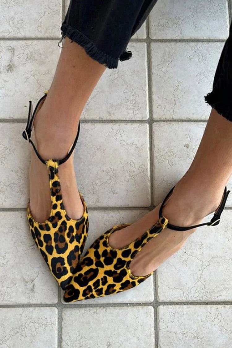 Leopard T-Shaped Ankle Strap Buckle Pointed Toe Yellow Flats [Pre Orde ...