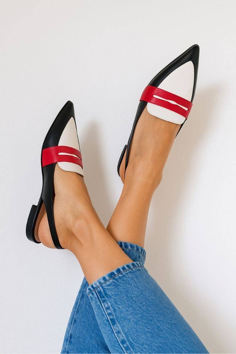 Faux Leather Colorblock Scarlet Strap Pointy Slingback Loafers – uniydress