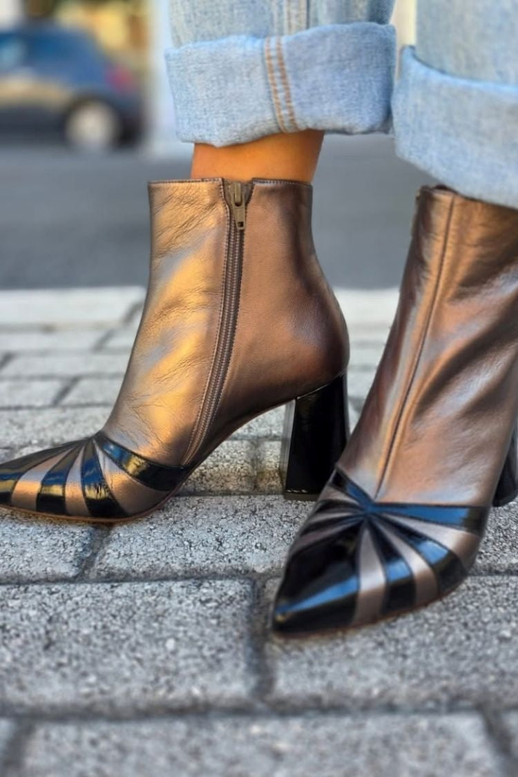 Colorblock Pointed Toe Leather Block Heel Ankle Boots [Pre Order ...