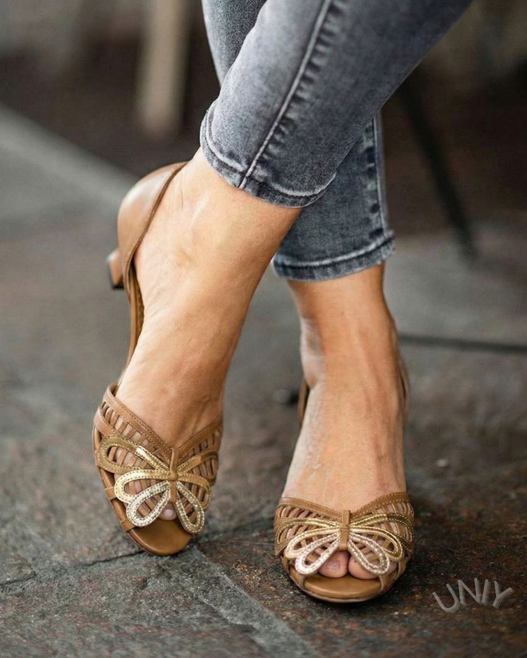 Brown Butterfly Bow Lattice Peep Toe Low Block Heels [Pre Order ...